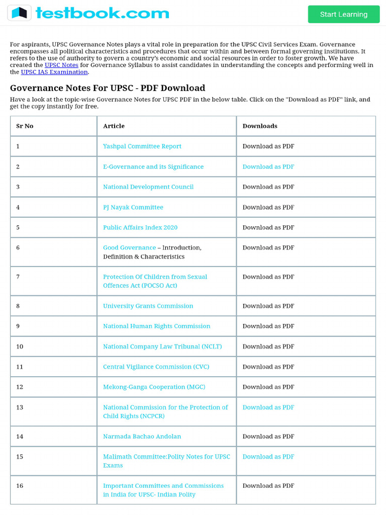Governance Notes For UPSC Exam 2024 - Topic Wise Notes | PDF