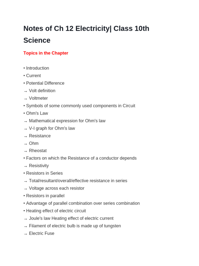 Notes of CH 12 Electricity - Class 10th Science | PDF | Voltage ...