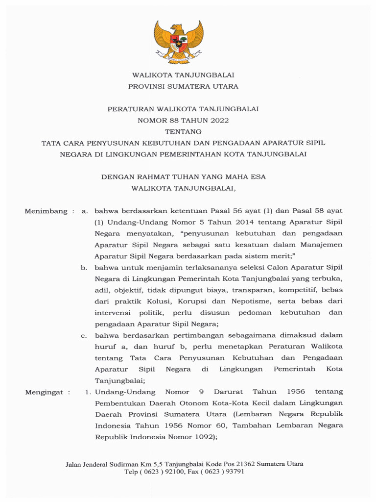 PERWA 88 TAHUN 2022 Tentang Tata Cara Penyusunan Kebutuhan ASN | PDF