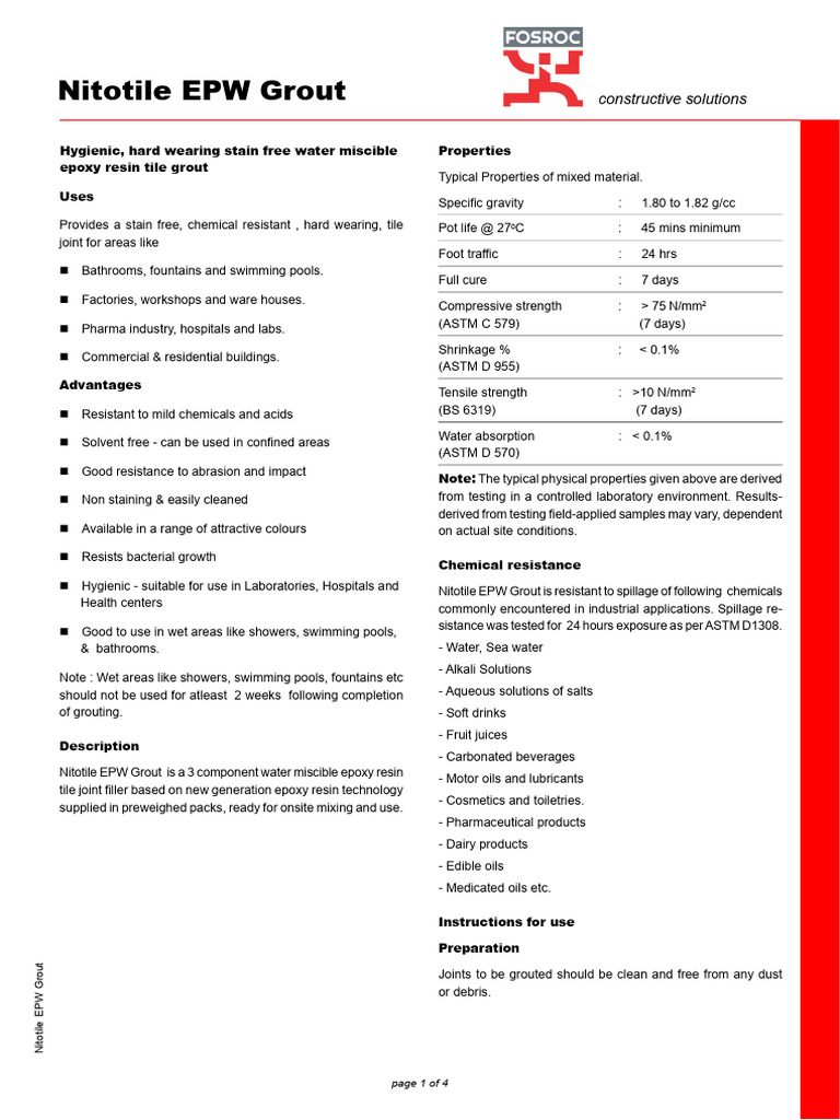 Nitotile EPW Grout: Stain-Free Epoxy Solution | PDF | Materials ...