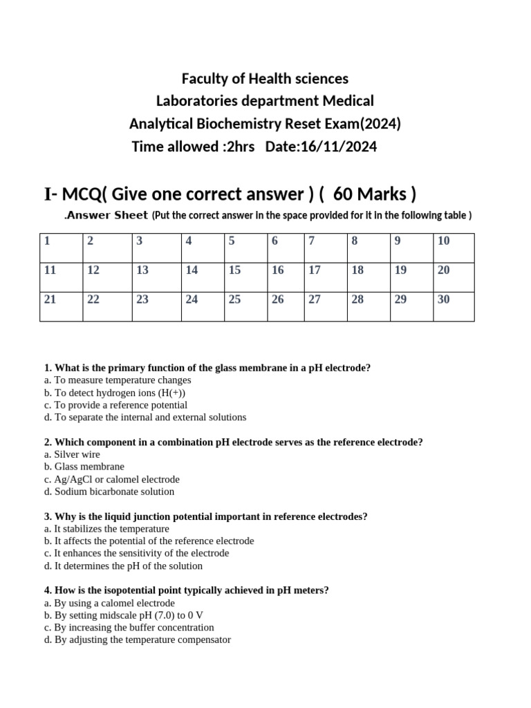 Medical Biochemistry Reset Exam 2024 | PDF | Capillary Electrophoresis | Ph