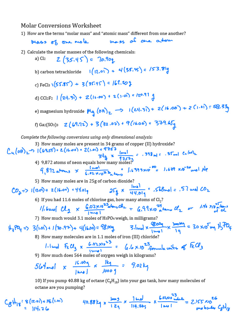 Molar Conversions Worksheet | PDF
