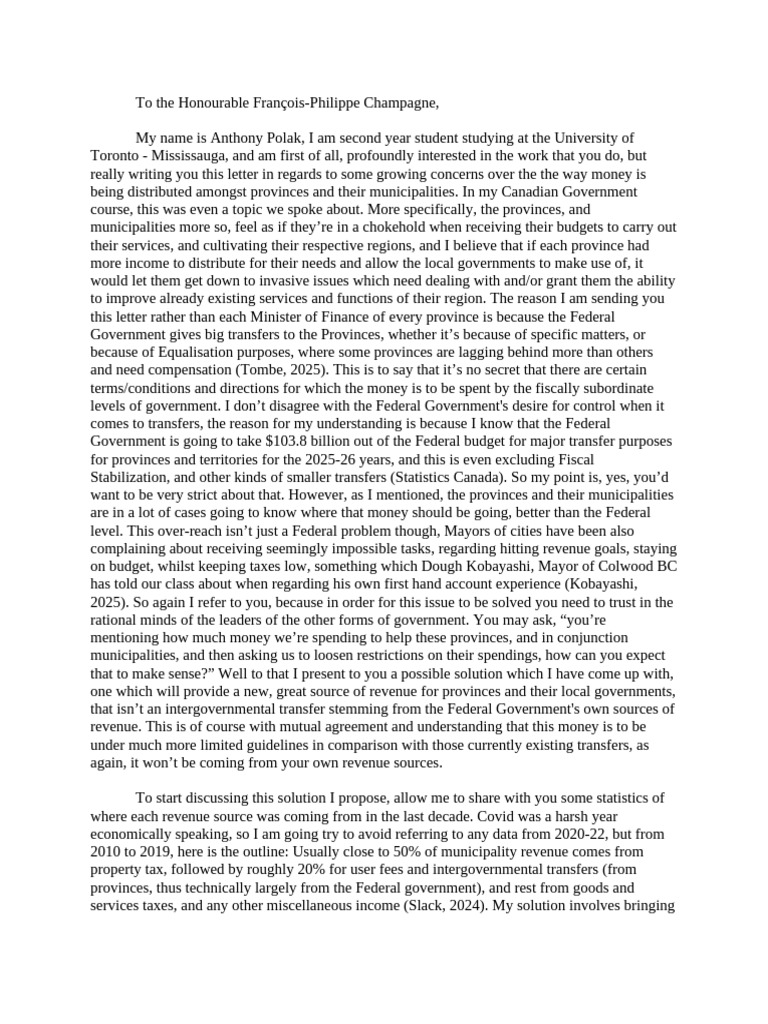 Anthony's Letter To A Politician - 1011681556 | PDF | Taxes | Economies