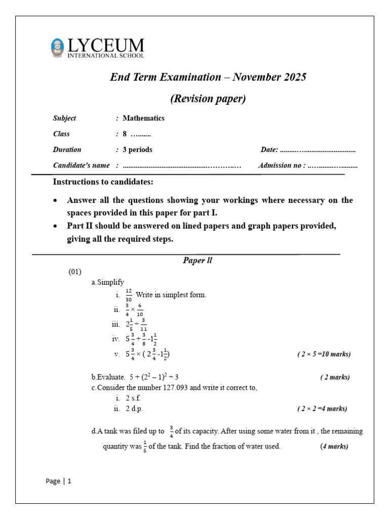 Mathematics - Grade 8 (End Term Revision 2025) | PDF | Mathematical ...