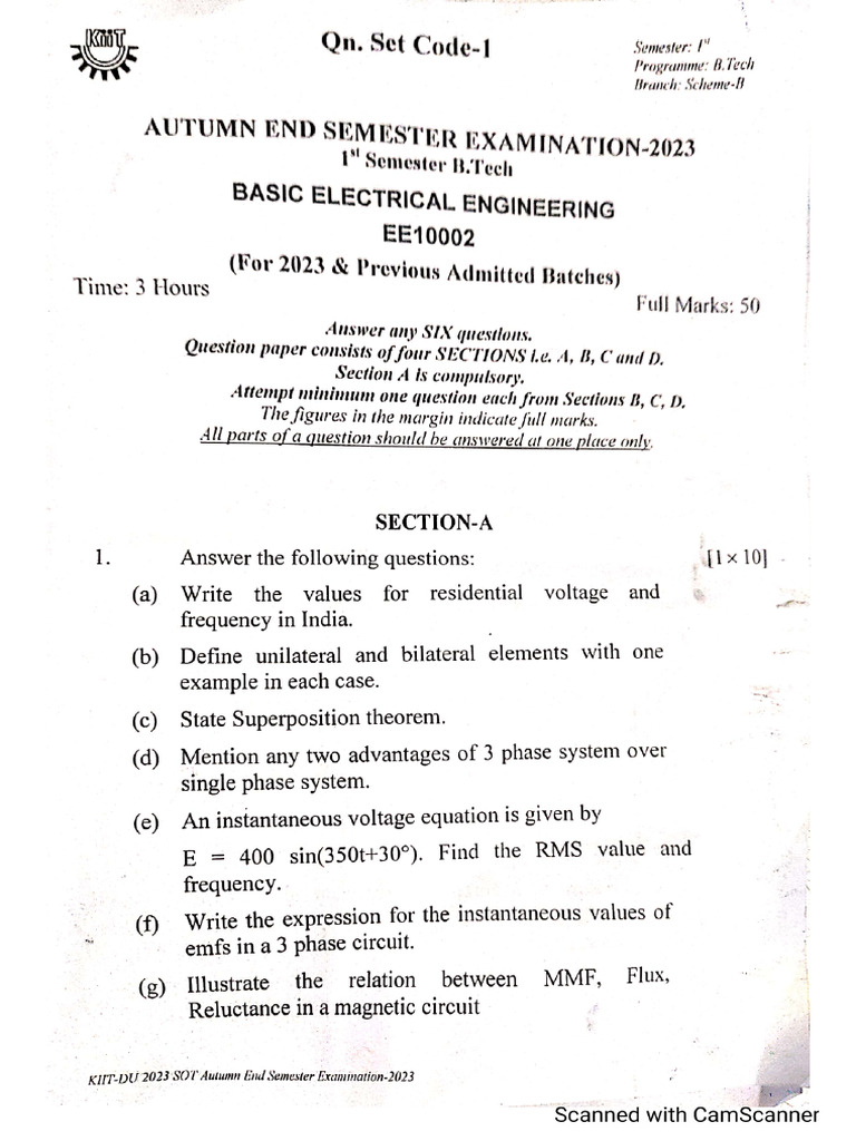 BEE (EE10002) Autumn End Sem Question Paper | PDF