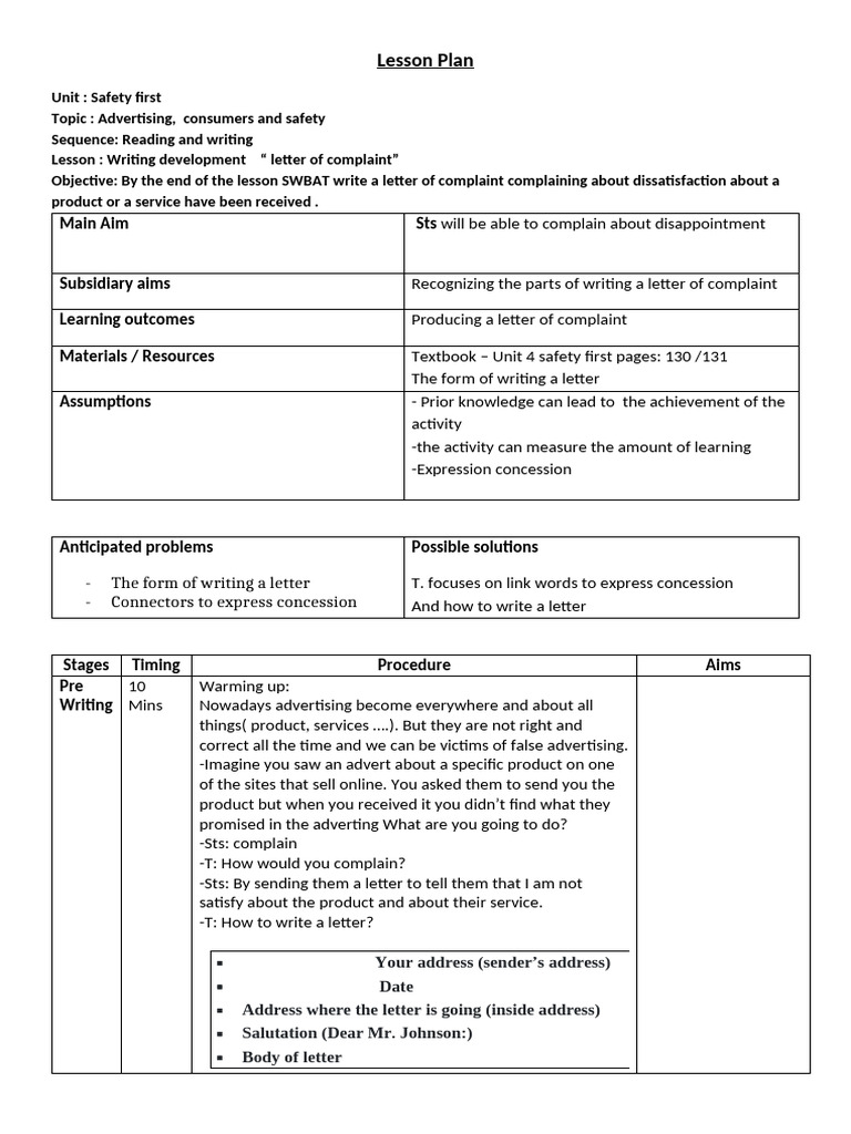 Lesson Plan Letter of Complaint | PDF