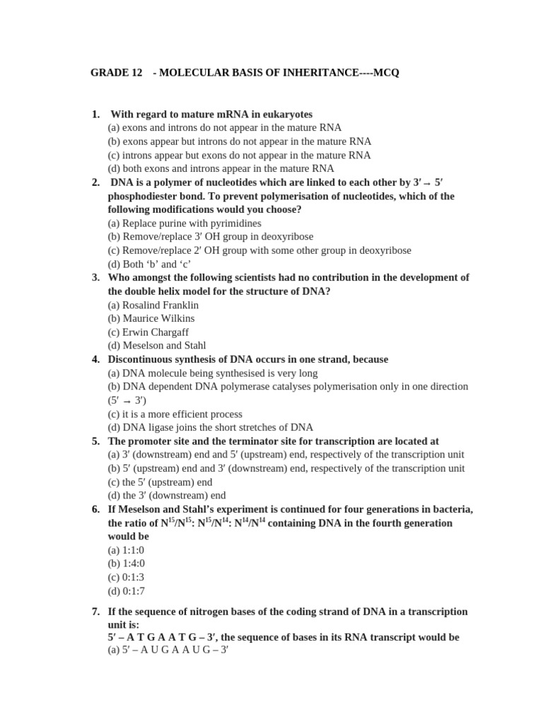 Grade 12 Molecular Inheritance MCQs | PDF | Directionality (Molecular ...