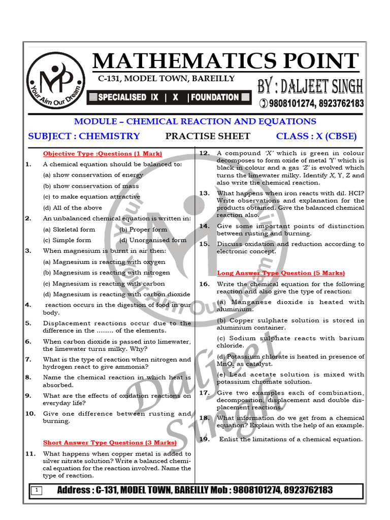04 Chemical Reaction and Equations (Practise Sheet) | PDF | Chemical ...