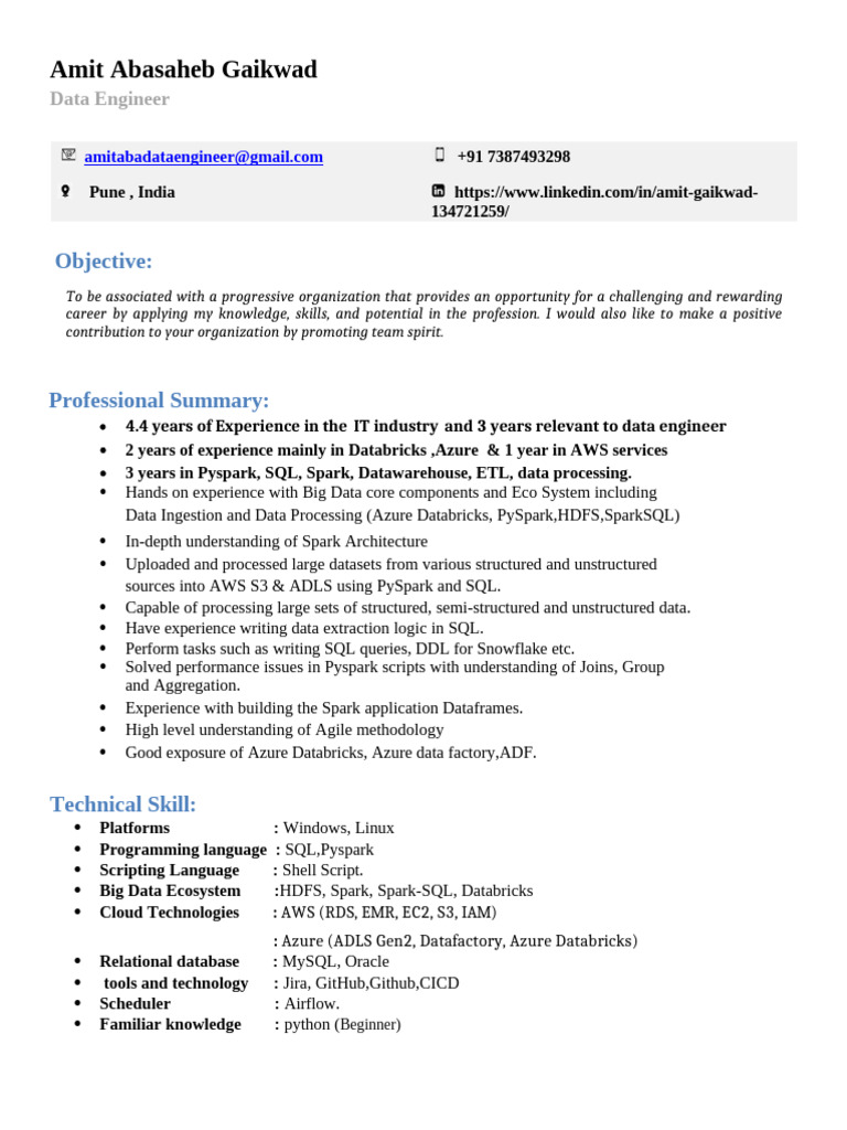 Amit 4years DataEngineer Resume 1760961990709 Amit Abasaheb Gaikwad | PDF | Apache Spark | Data ...