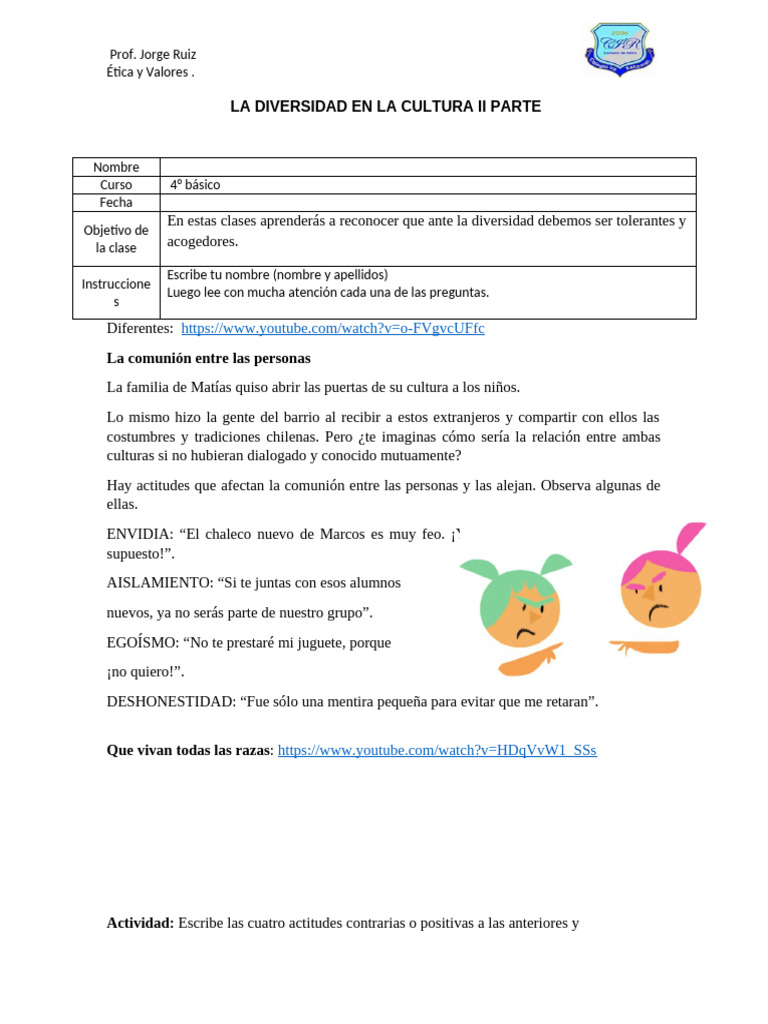 guia de Aprendizaje 4° Diversidad en la cultura II parte | PDF | Maestros