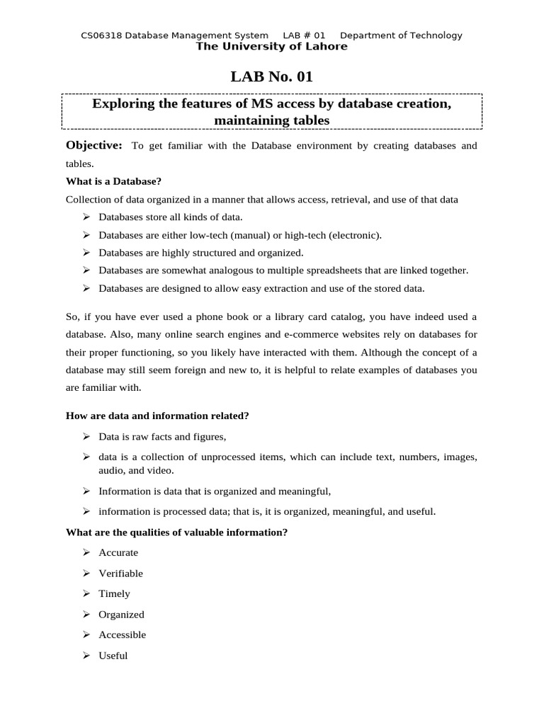 Dbms Lab 01 Iet Section j | PDF | Databases | Microsoft Access