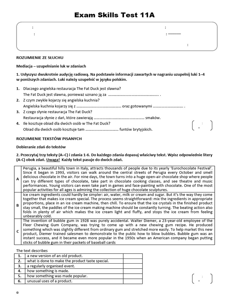 Exam Skills Test 11A: Listening & Reading | PDF | Foods | Sugar ...