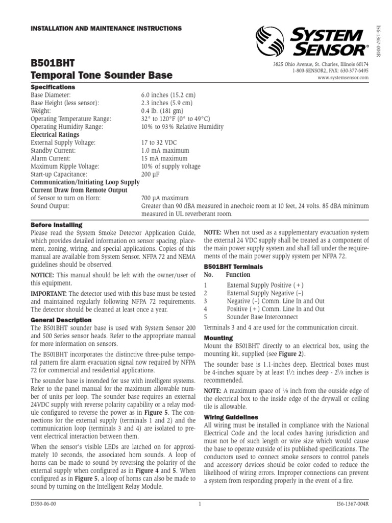 B501BHT Temporal Tone Sounder Base: Electrical Ratings | PDF ...