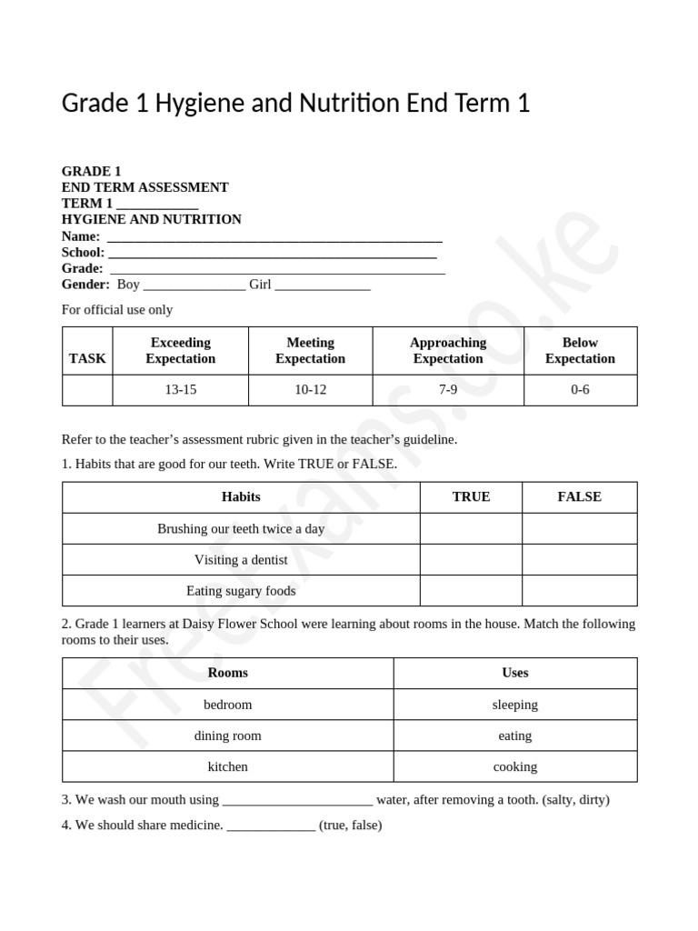 Grade 1 Hygiene & Nutrition Assessment | PDF
