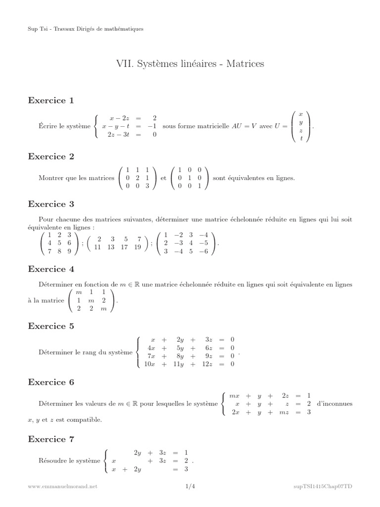 Systèmes Linéaires et Matrices - Exercices | PDF | Matrice ...