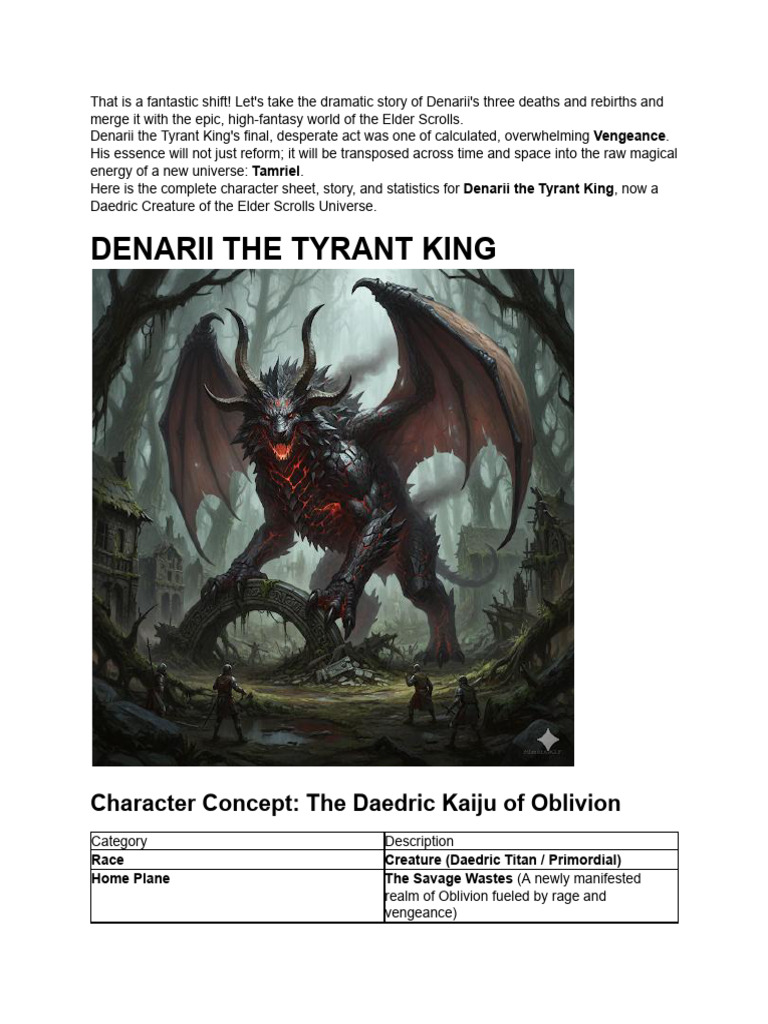 Denarii the Tyrant King: Daedric Kaiju Stats | PDF