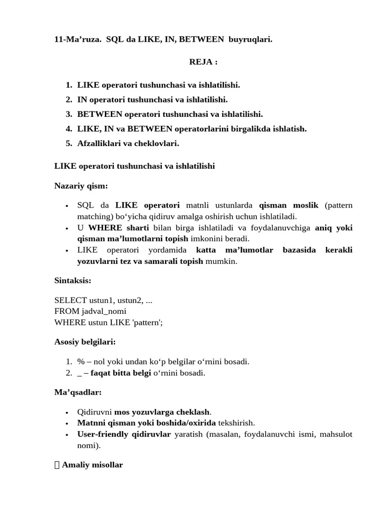 11-Ma' Ruza. SQL Da LIKE, In, BETWEEN Buyruqlari. | PDF