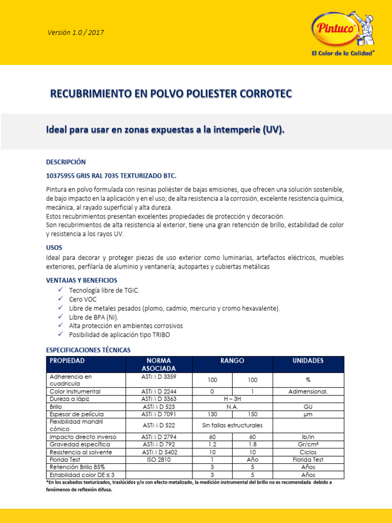 F. Técnica 10375955 Corrotec Pol. Libre TGIC Gris Ral 7035 Terturizado ...