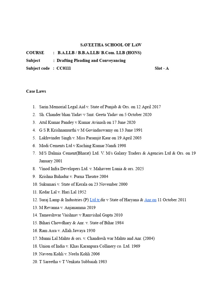 Case Laws for Drafting Pleading Course | PDF