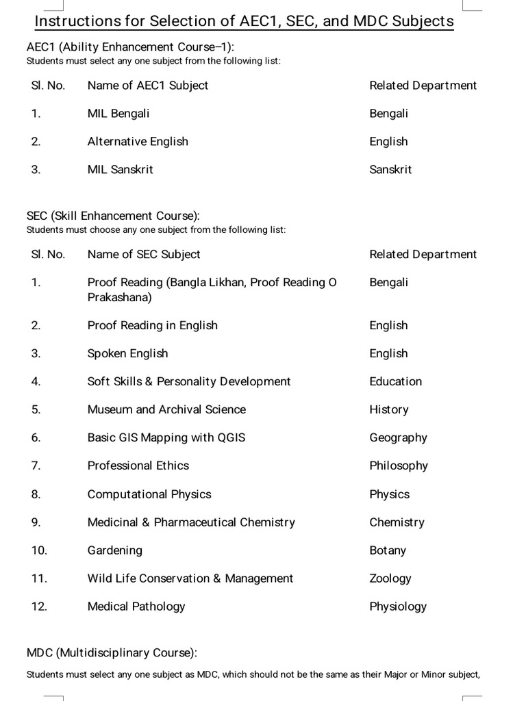 Instructions For Selection of AEC1, SEC, and MDC Subjects | PDF
