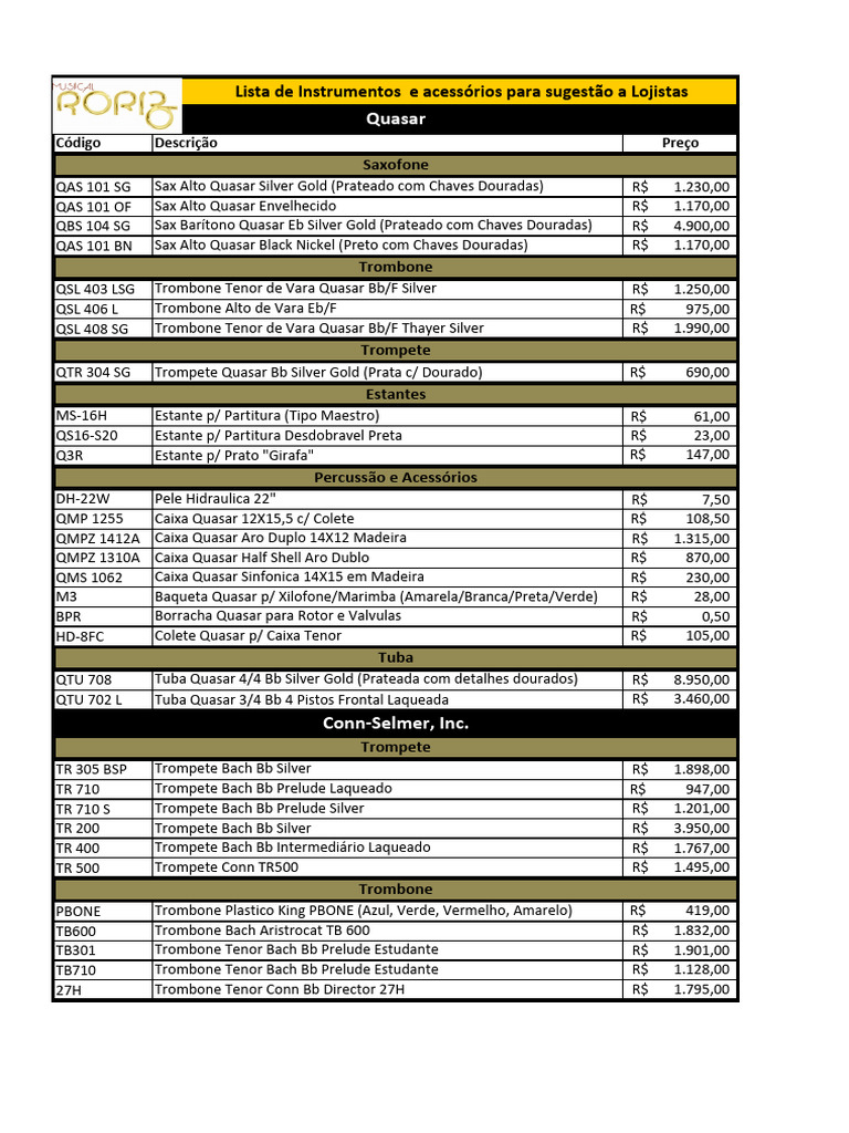 Lista de Instrumentos e Acessórios Musicais | PDF | Saxofone | Jazz
