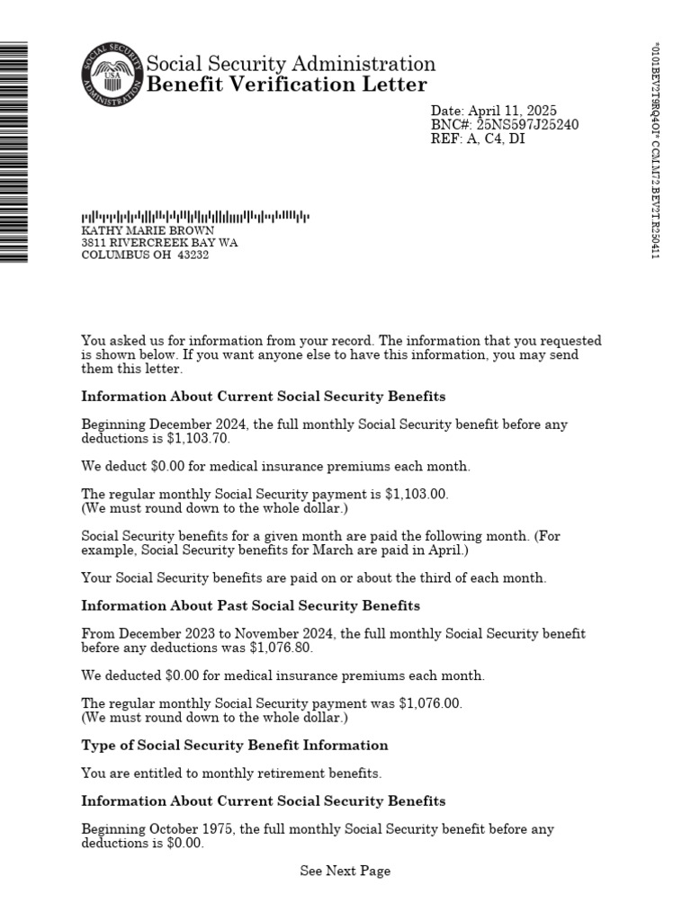 Benefit Verification Letter | PDF | Social Security (United States ...