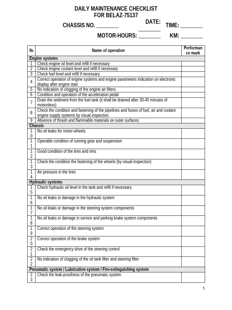75137-Daily Maintenance Checklist Version 09-10-2022 | PDF | Leak | Vehicles
