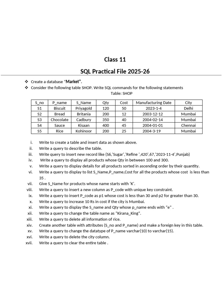Question for Class 11 MYSQL | PDF