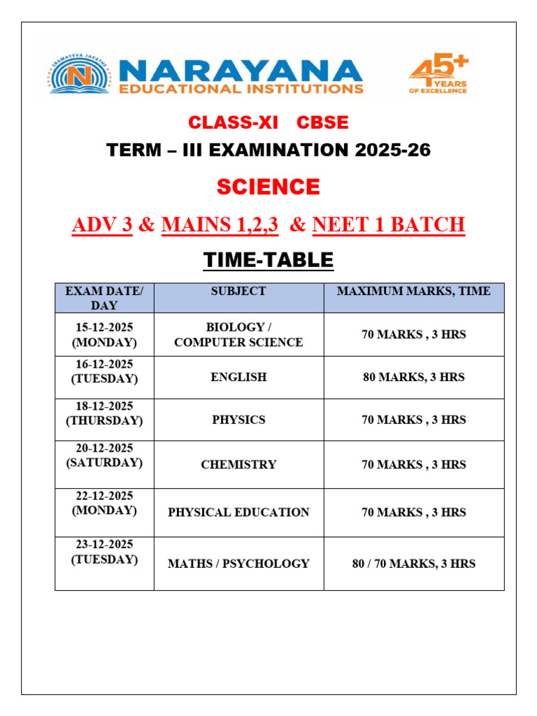 CBSE Class XI Term III Exam Timetable | PDF