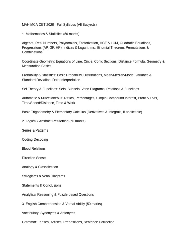 MAH MCA CET 2026 Syllabus Overview | PDF