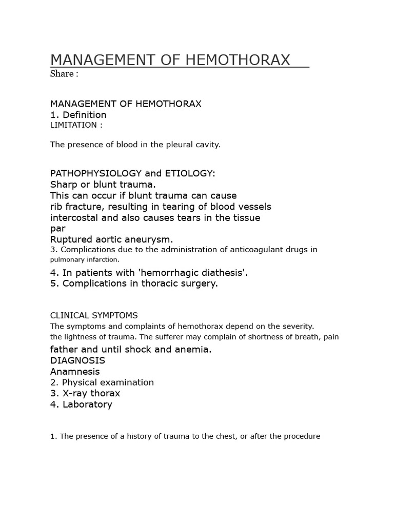 Management of Hemothorax | PDF | Clinical Medicine | Medical Specialties