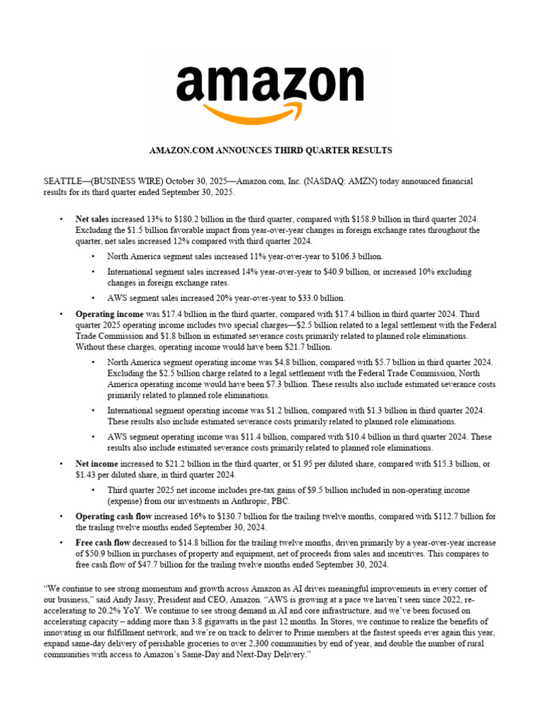 AMZN Q3 2025 Earnings Release | PDF | Equity (Finance) | Amazon Web ...