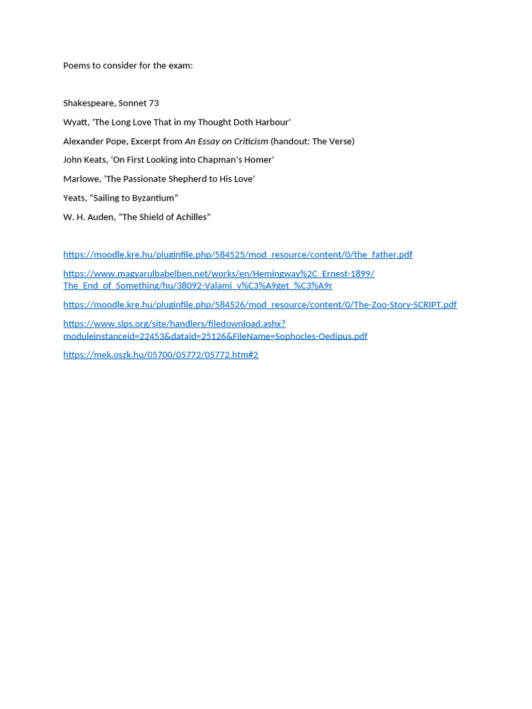 Poems To Consider For The Exam - 12 - 20 | PDF