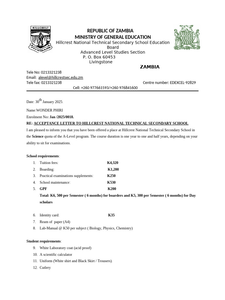 Acceptance Letter for A-Level at Hillcrest | PDF