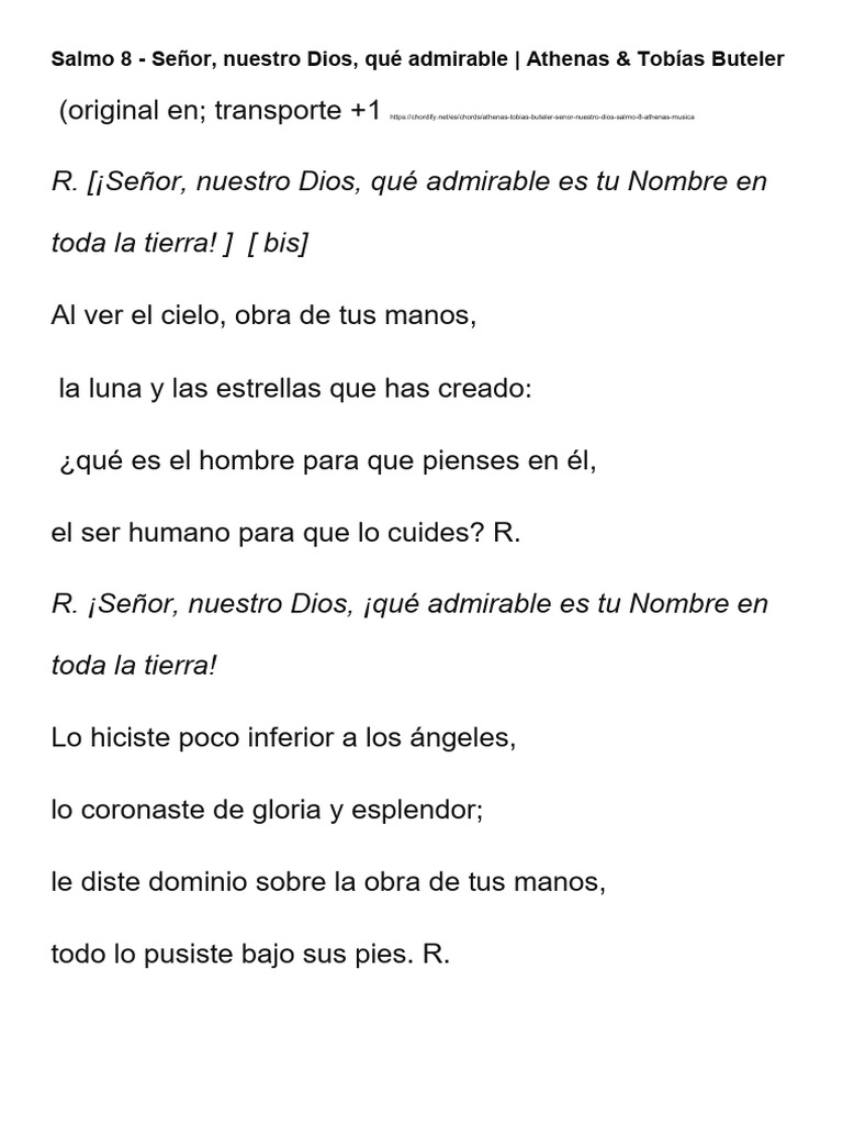 Salmo 8 Señor Nuestro Dios Que Adminrable Es Tu Nombre en Oda La Tierra | PDF
