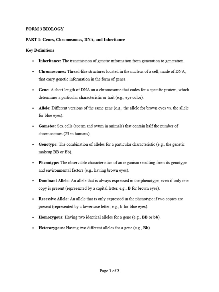 Form 3 Biology Notes on Genes & Inheritance | PDF | Genotype | Allele