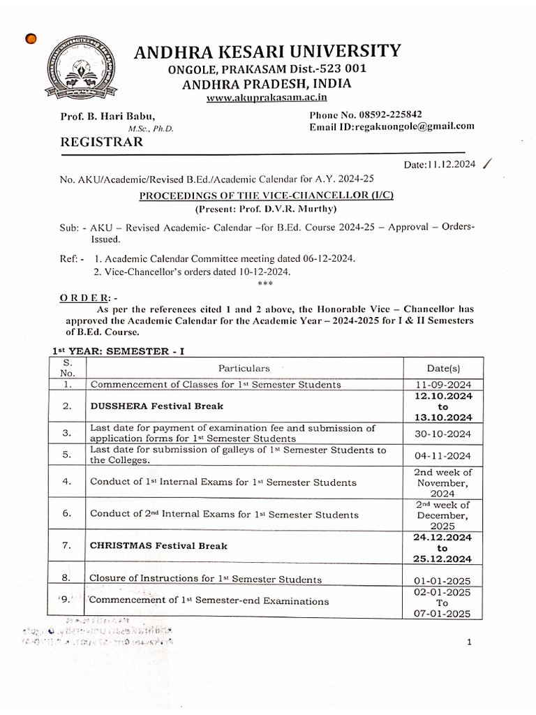 Revised B.ed - First Year Academic Calendar | PDF