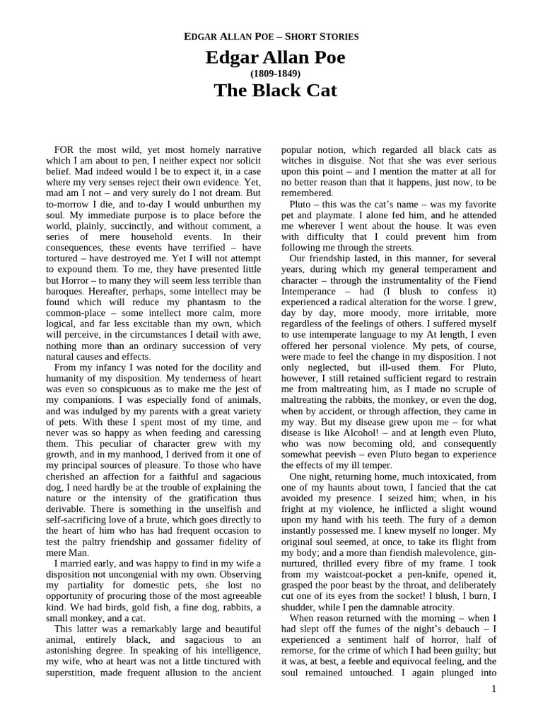 Edgar Allan Poe's "The Black Cat" Analysis | PDF