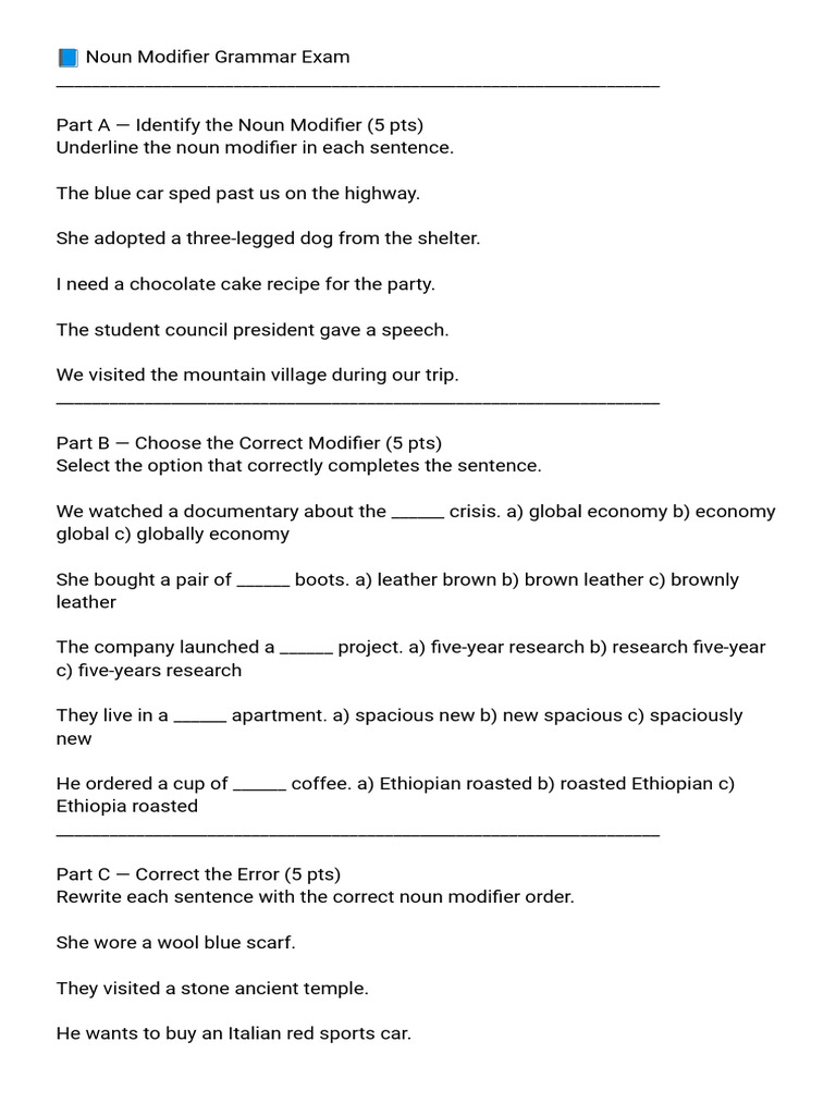 Noun Modifier Exam | PDF