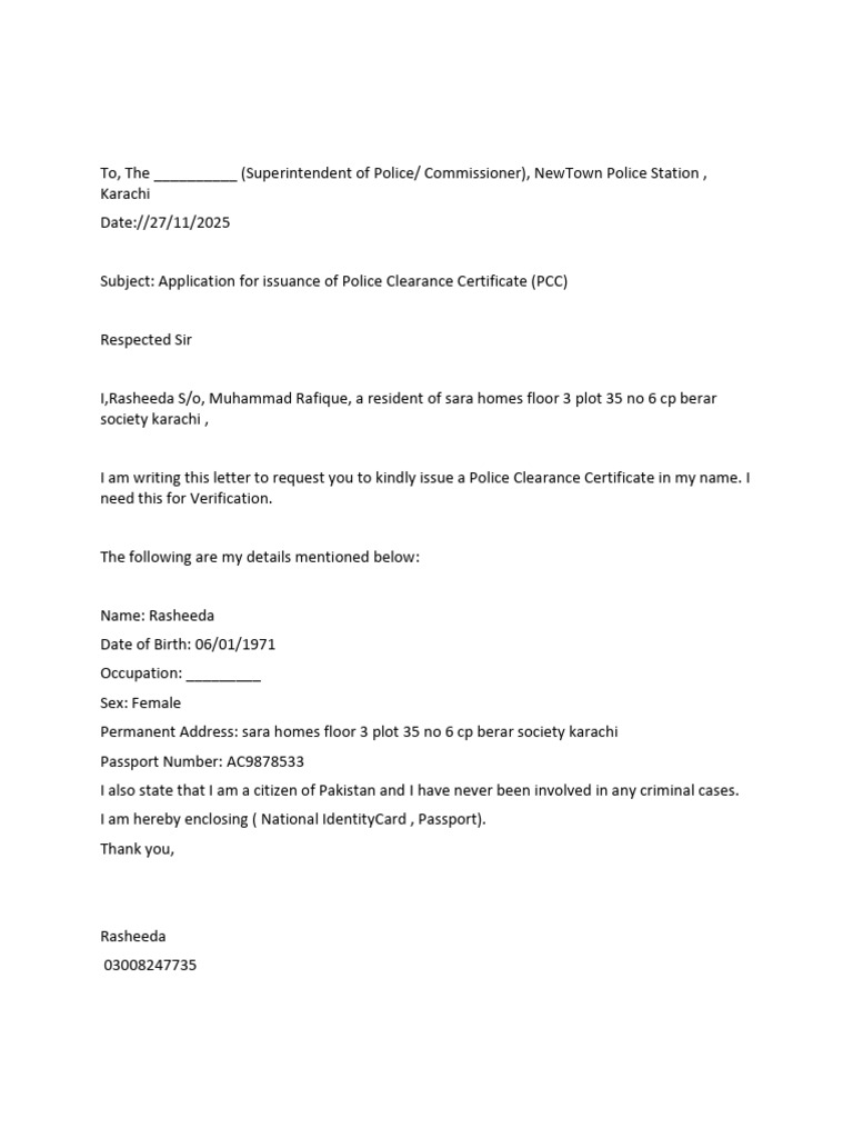 Police Clearance Certificate Request Letter | PDF