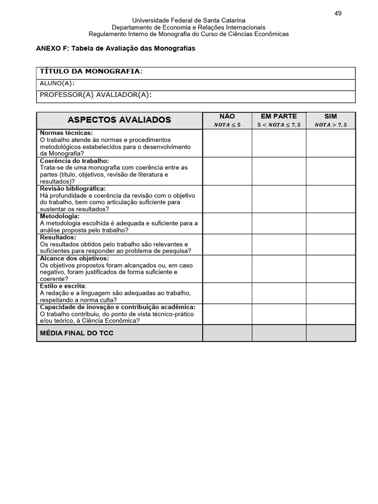 Anexo F - Tabela de Avaliação Da Monografia | PDF