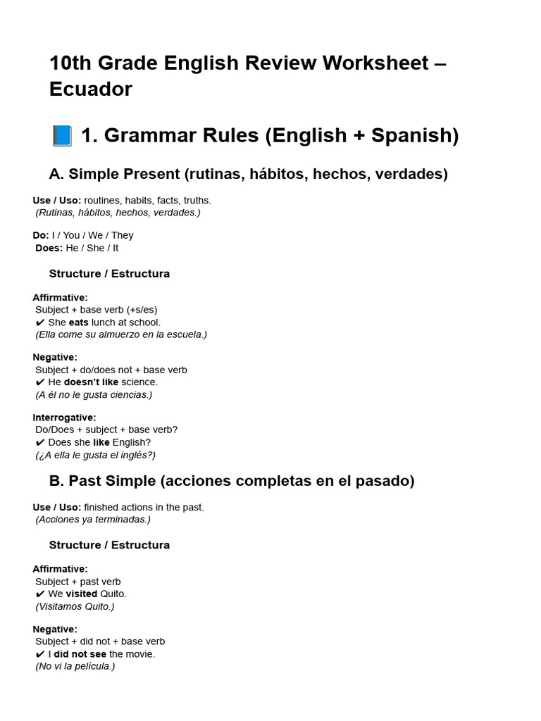 10th Grade English Grammar Review | PDF | Languages | Foreign Language ...