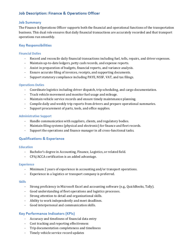 Finance and Operations Officer Job Description | PDF | Logistics ...