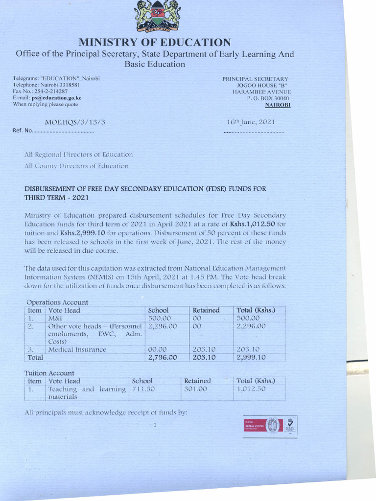 Disbursement of Fdse For Third Term 2021 | PDF