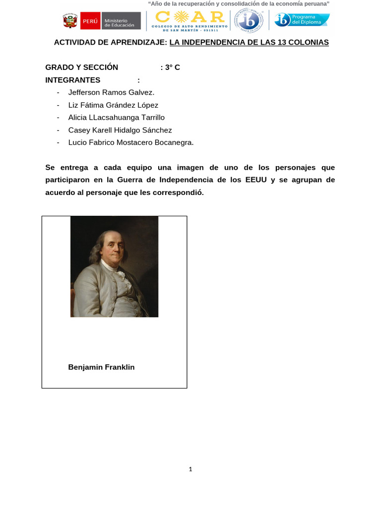 Importancia de Franklin en la Independencia | PDF | Declaración de ...