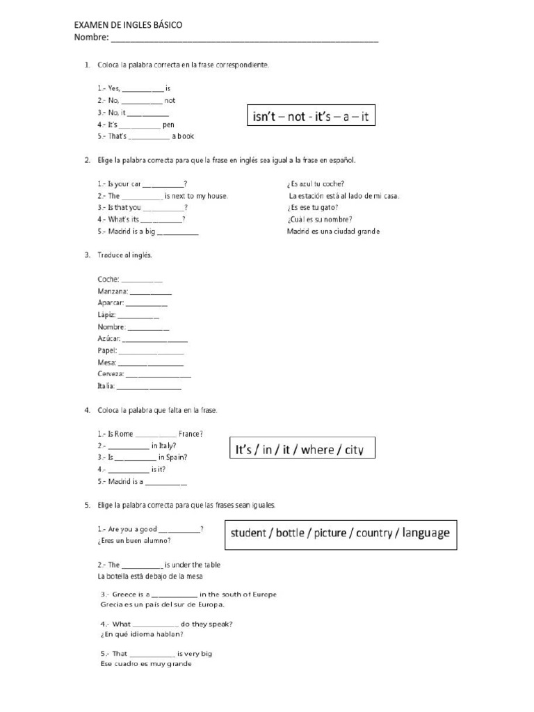 Examen de Ingles Basico JCSM | PDF