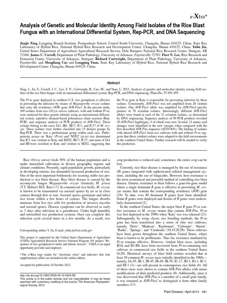 Rice Blast Fungus Genetic Analysis | PDF | Polymerase Chain Reaction ...