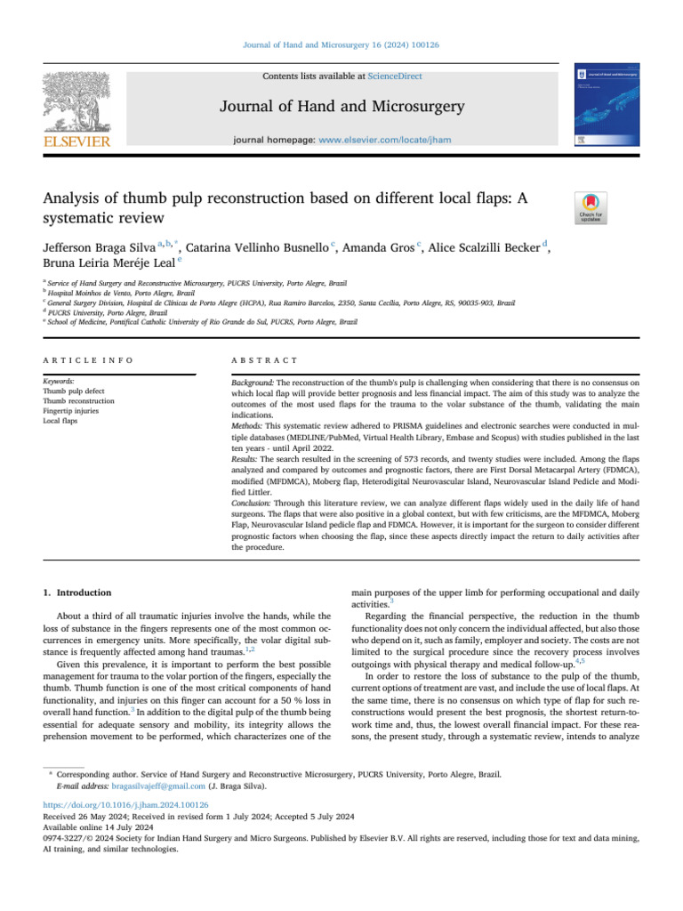 Analysis of Thumb Pulp Reconstruction Based On Different Local Flaps ...