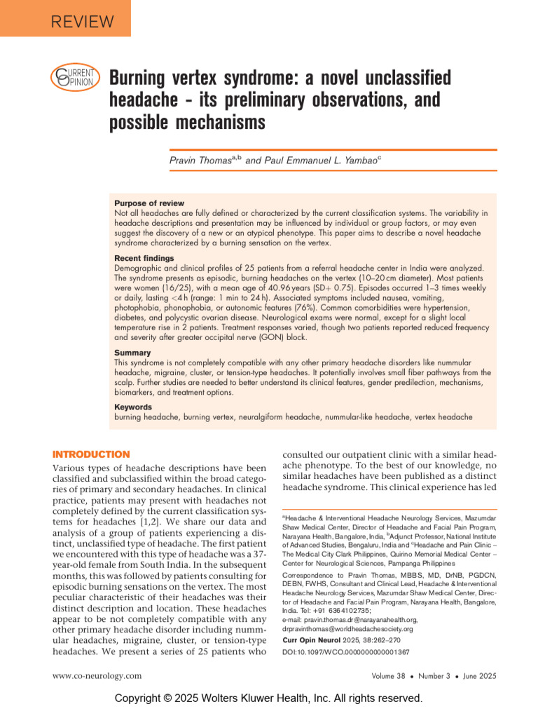 Burning Vertex Syndrome: A New Headache | PDF | Headache | Peripheral ...
