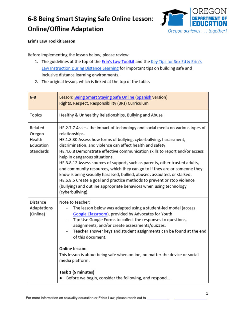 6-8 Being Smart Staying Safe Online Lesson | PDF | Cyberbullying | Bullying